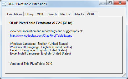 About Tab | OLAP PivotTable Extensions
